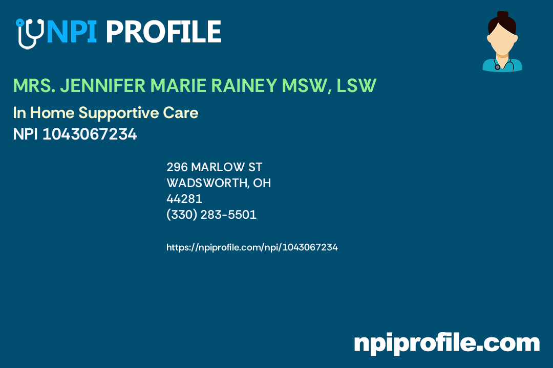 MRS. JENNIFER MARIE RAINEY MSW, LSW Complete NPI Record 1043067234