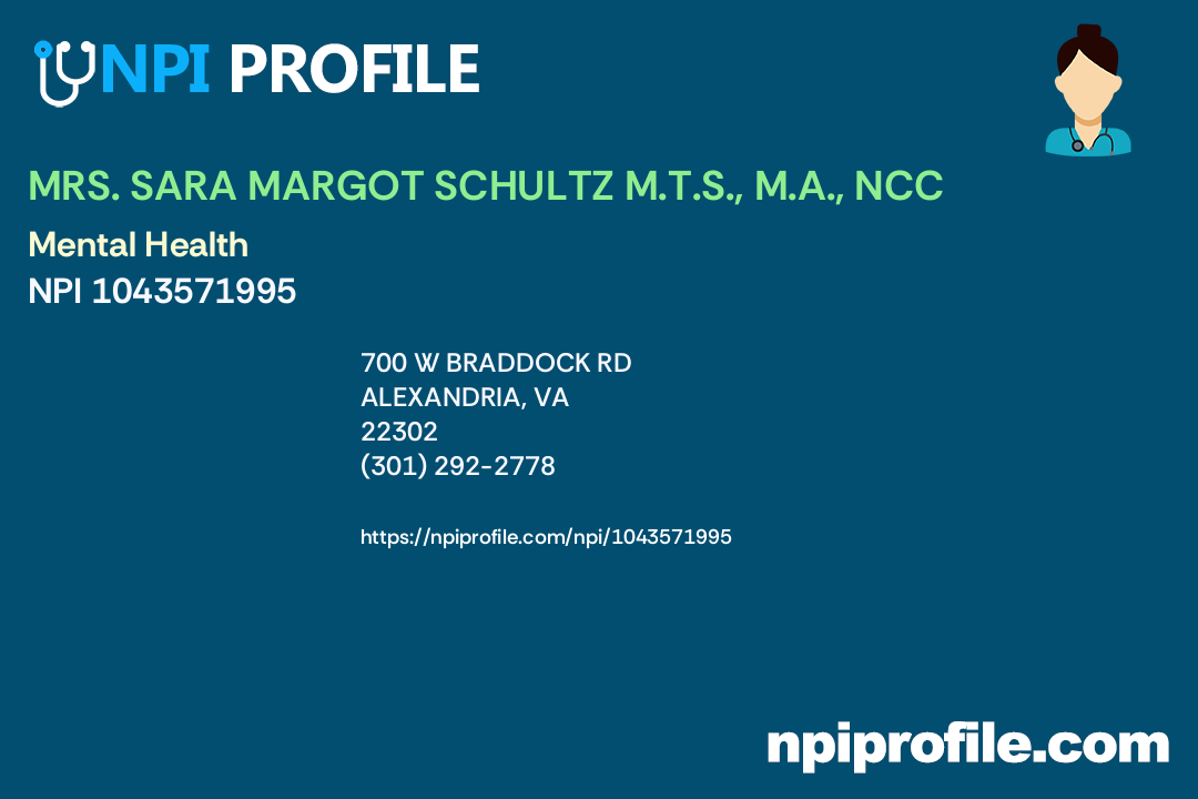 MRS. SARA MARGOT SCHULTZ M.T.S., M.A., NCC - NPI 1043571995 - Counselor ...