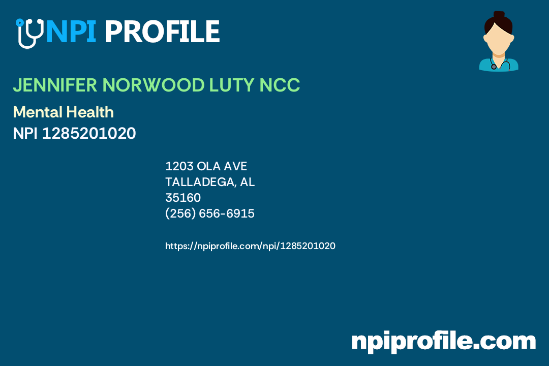 JENNIFER NORWOOD LUTY NCC - NPI 1285201020 - Counselor in Talladega, AL