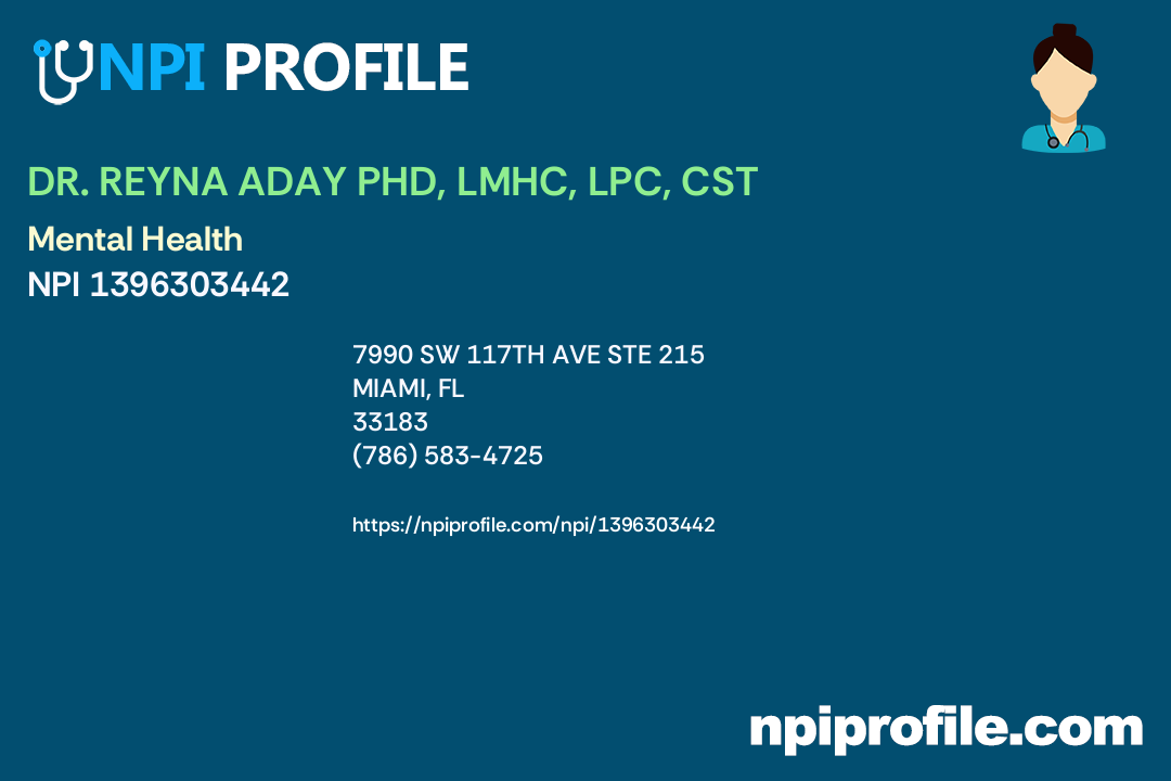 DR. REYNA ADAY PHD, LMHC, LPC, CST - NPI 1396303442 - Counselor in ...