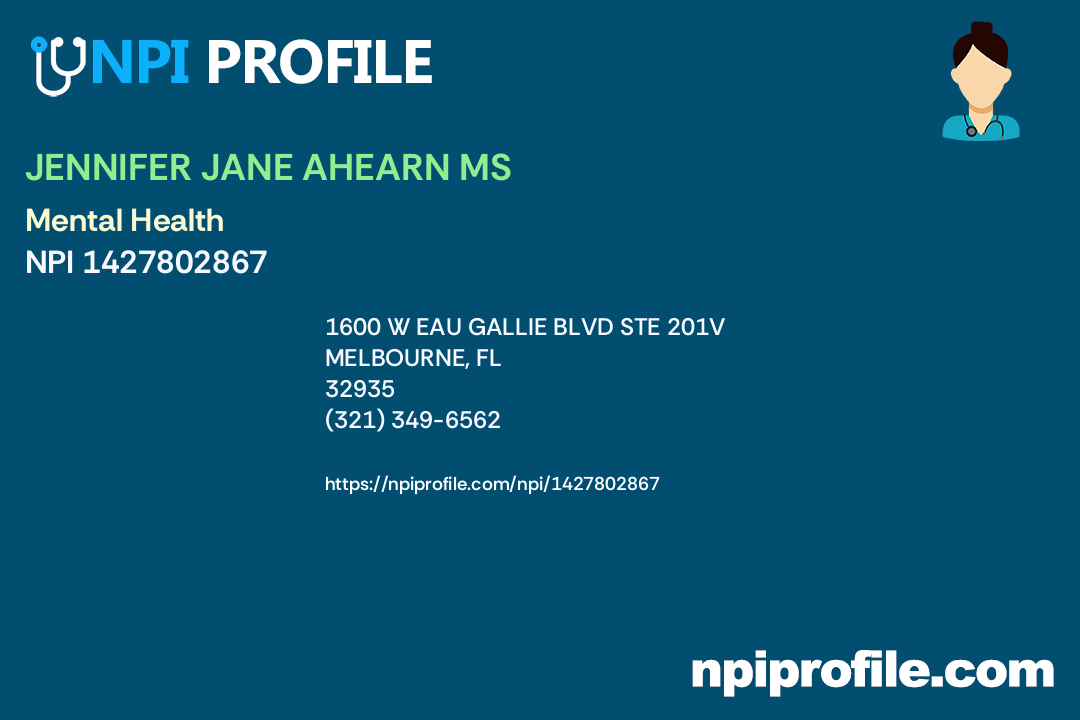 JENNIFER JANE AHEARN MS - NPI 1427802867 - Counselor in Melbourne, FL