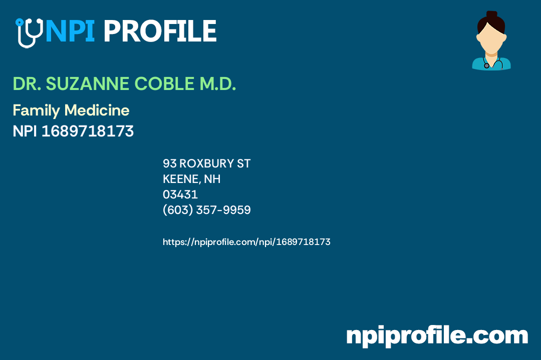 DR. SUZANNE COBLE M.D. - NPI 1689718173 - Family Medicine in Keene, NH
